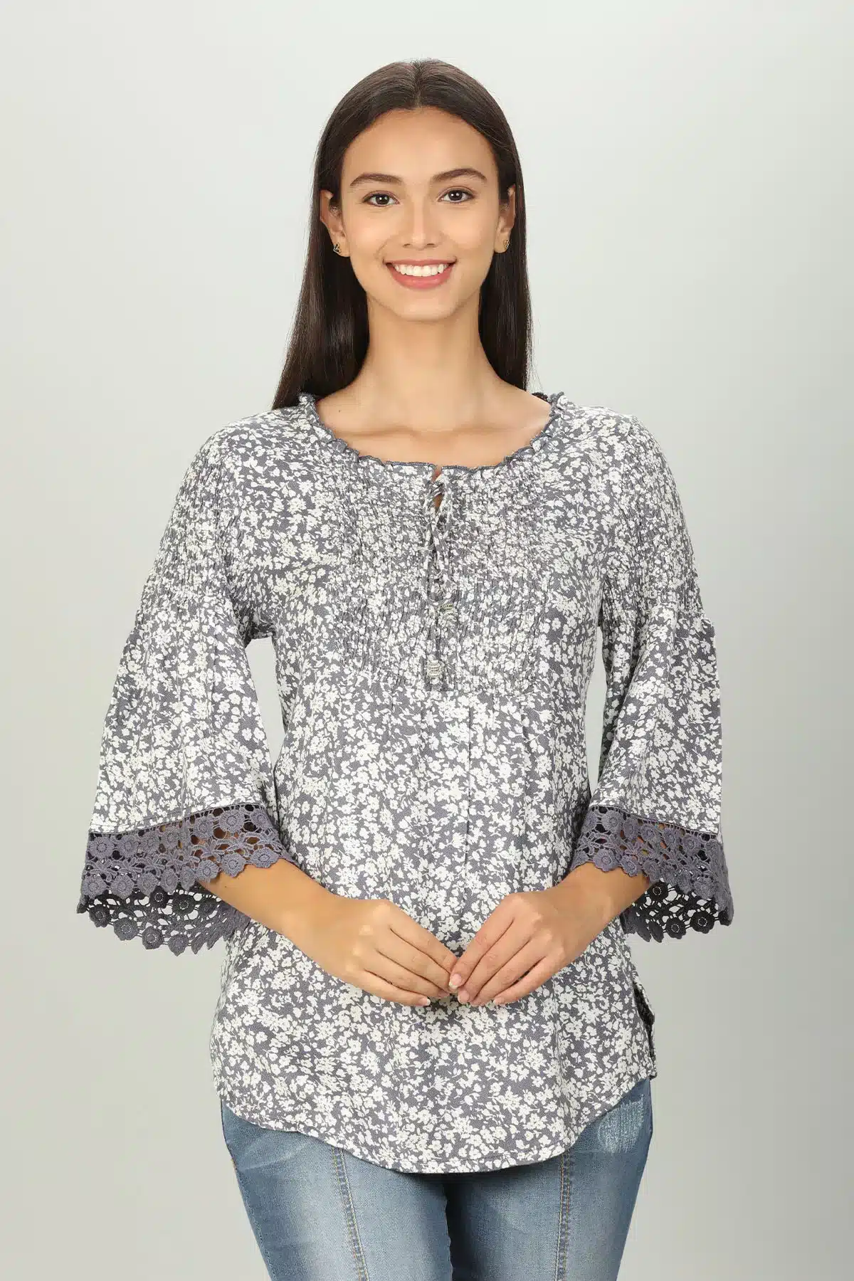 Shop Grey Floral Printed Ladies Tops Online At Great Price