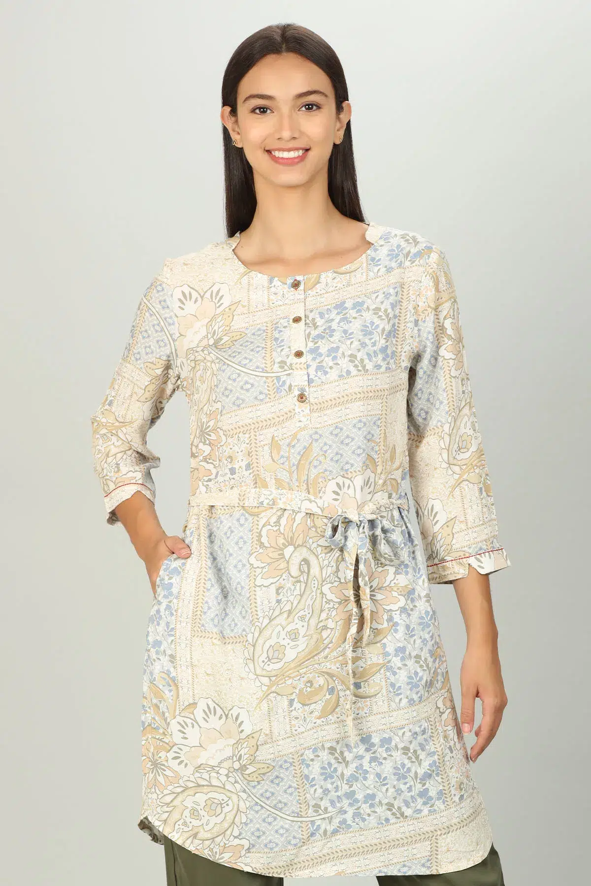 Buy Cream Floral Printed Woman Tunic Top Online In India