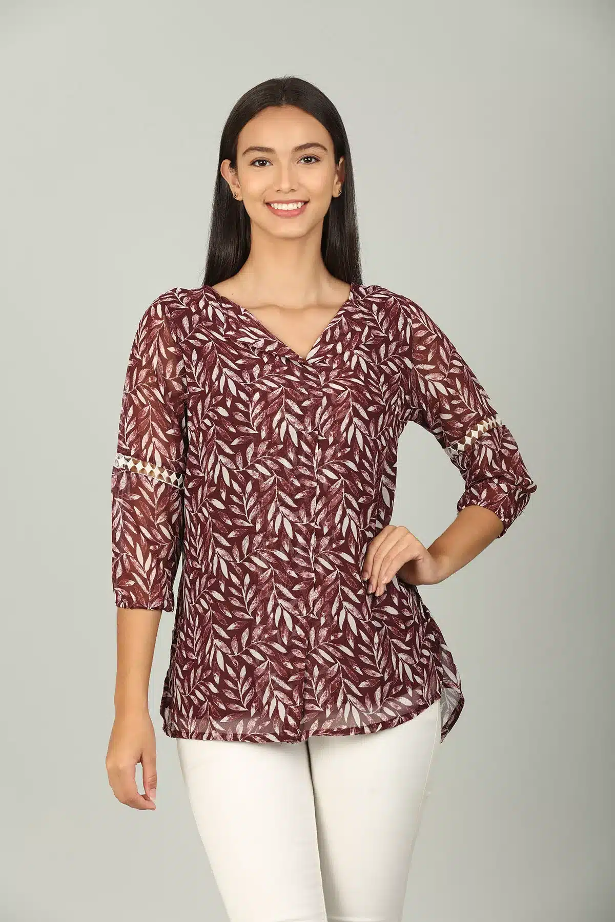 Shop Maroon Printed Ladies Tops Online At Great Price