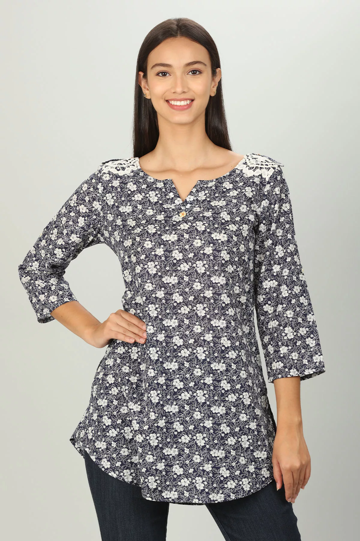 Buy Stylish Blue Floral Printed Women Tops Casual Online