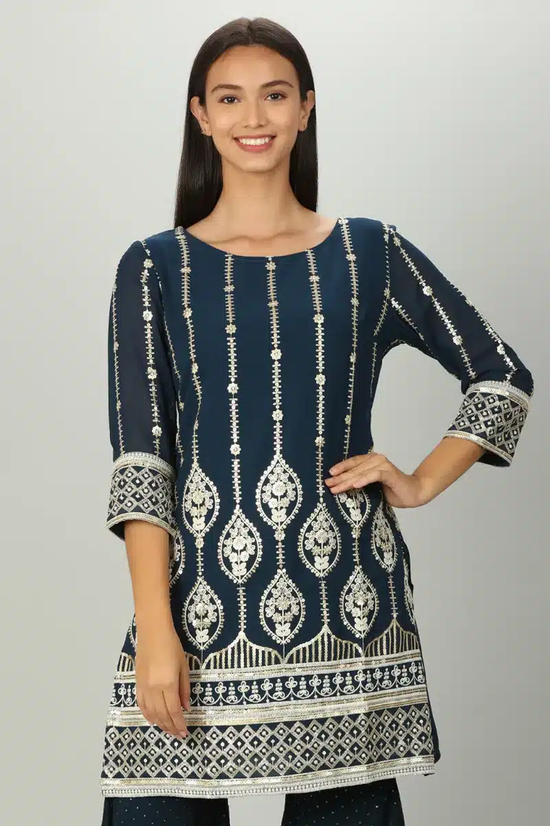 Buy Stylish Embroidered Blue Short Kurti For Women Online