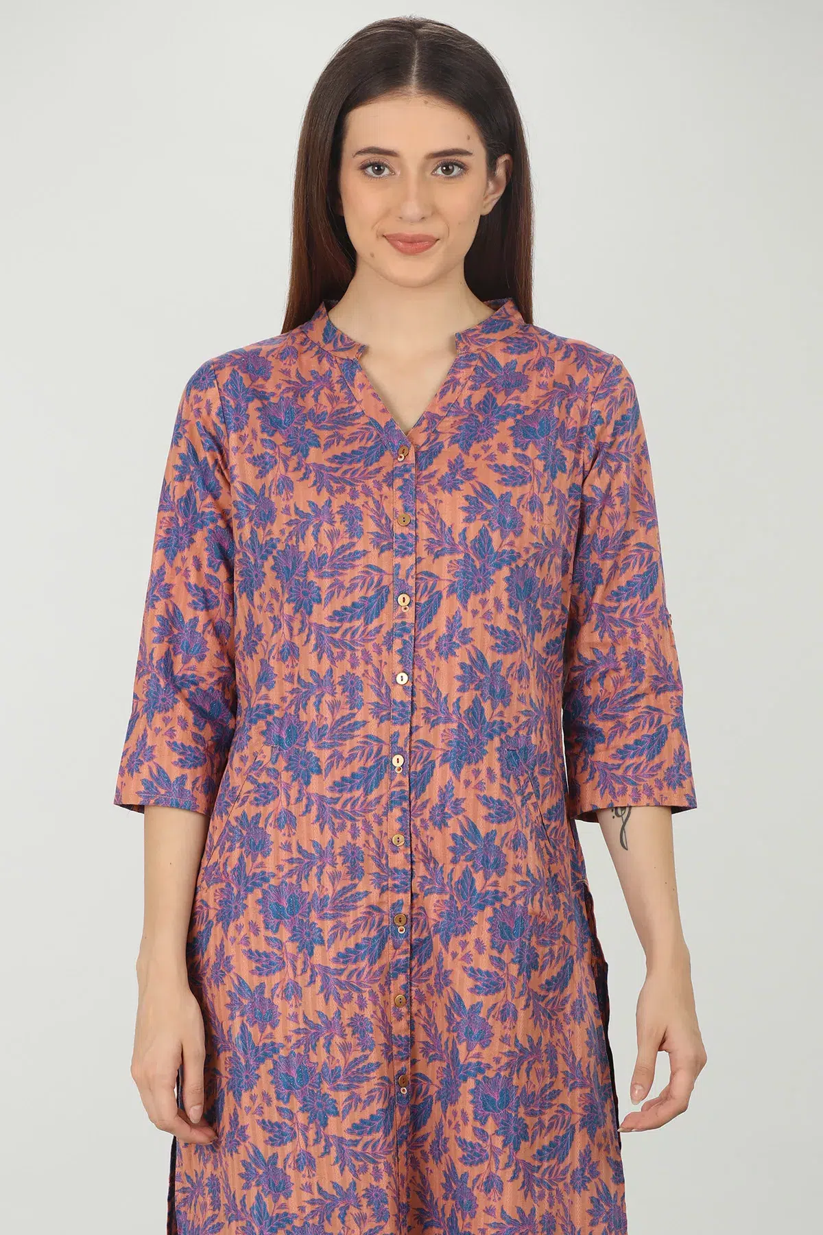 Buy Floral Printed Blue And Peach Colour Kurti For Women