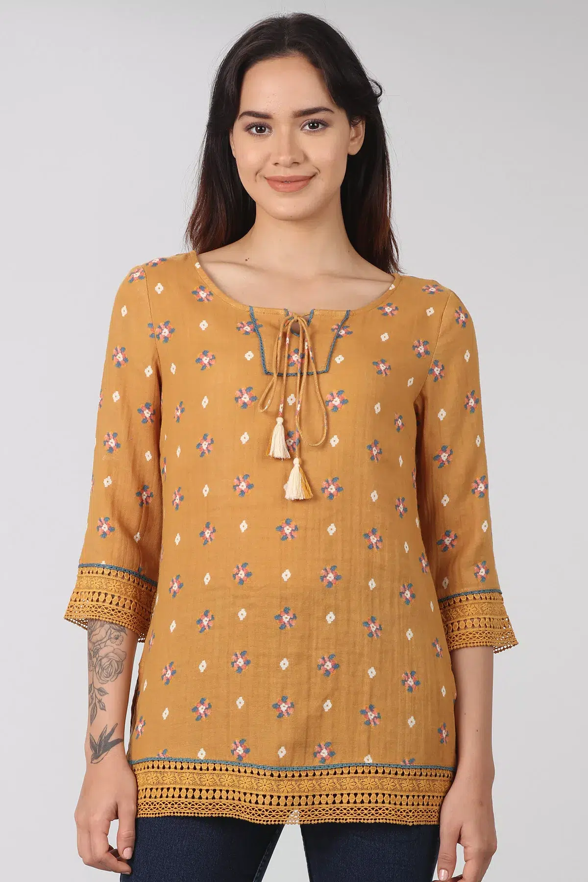 Buy Comfortable Printed Mustard Colour Top For Women